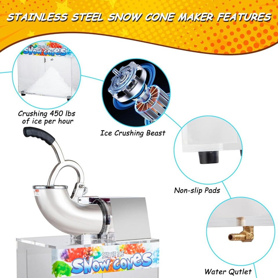 VNN 500LBS/H Commercial Snow Cone Machine Electric Ice Shaver Ice ...