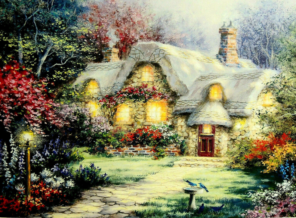 COTTAGE HOUSE PICTURE STILL LIFE BLUE BIRDS NICKY BOEHME MATTED FRAMED ...