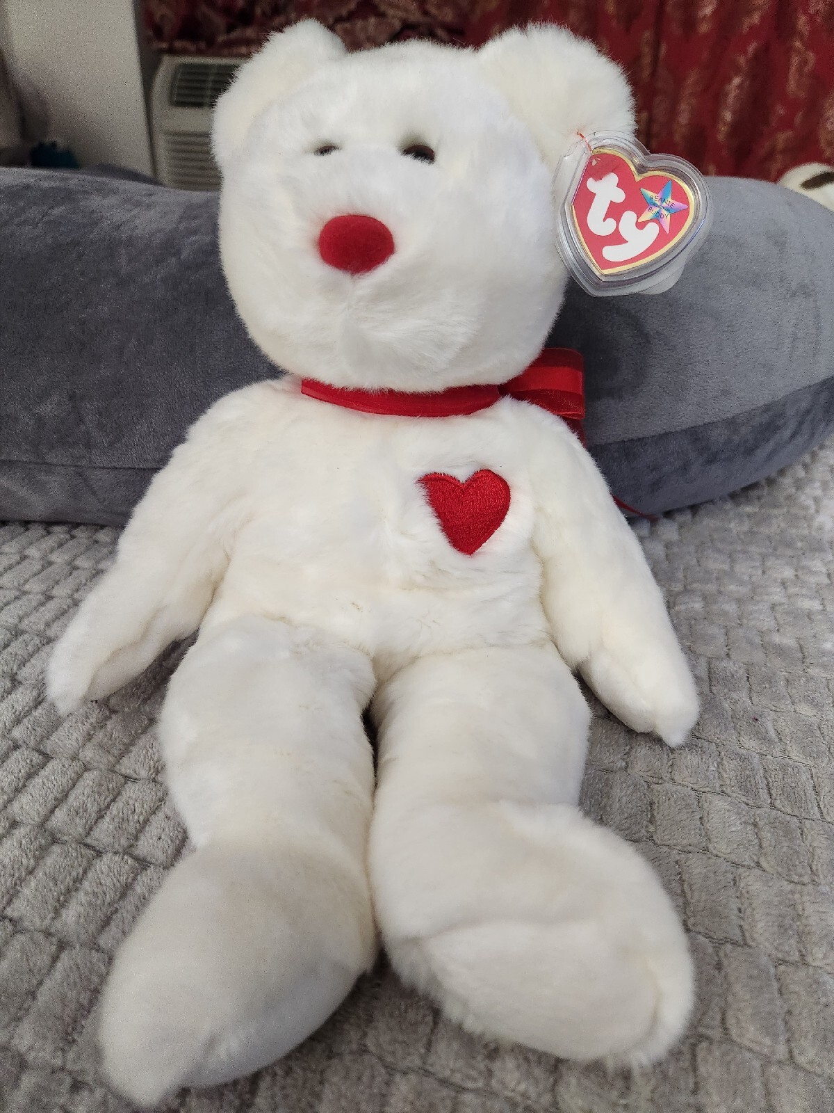 Ty Beanie Buddy Collection Valentino 14" Plush White Bear Red Ribbon ...