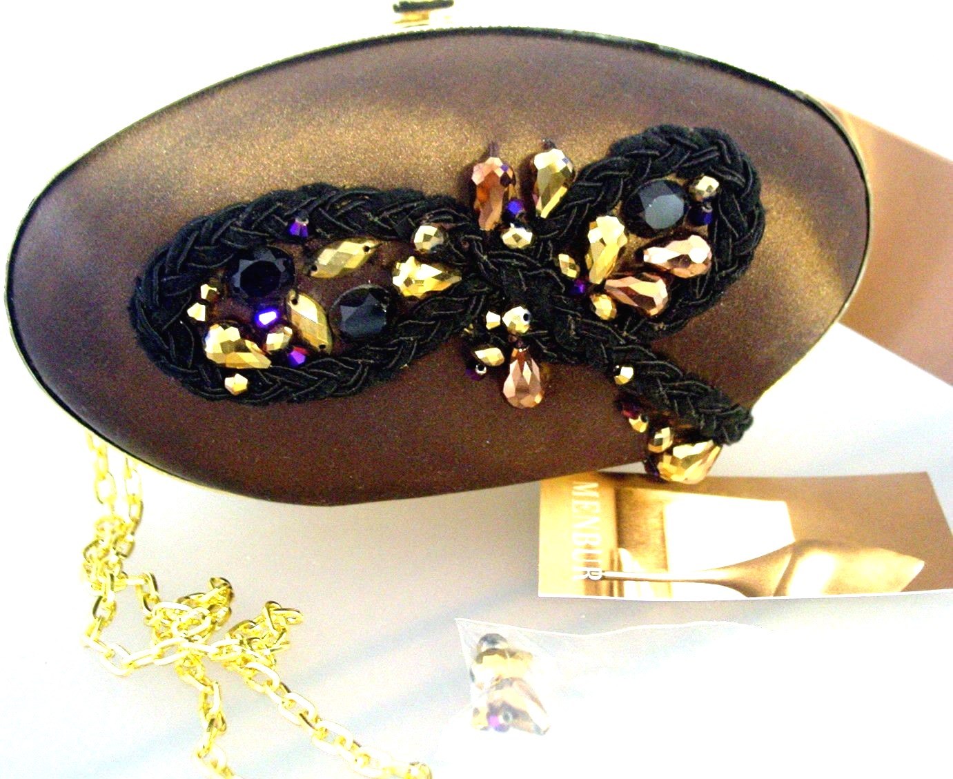 MENBUR Spain EVENING Purse BOX Handbag /Chain BROWN SATIN Beaded ...