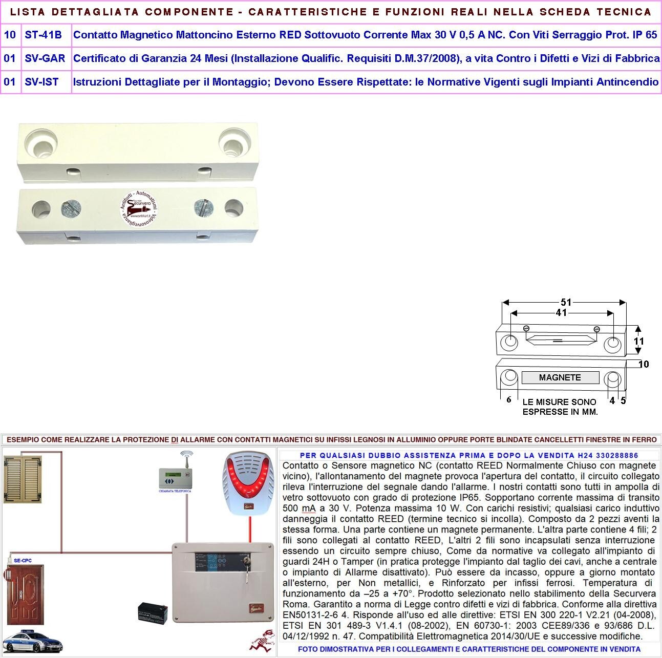 Allarme Apertura Porta Alluminio 10 Contatti Magnetici Con 2 Morsetti ...