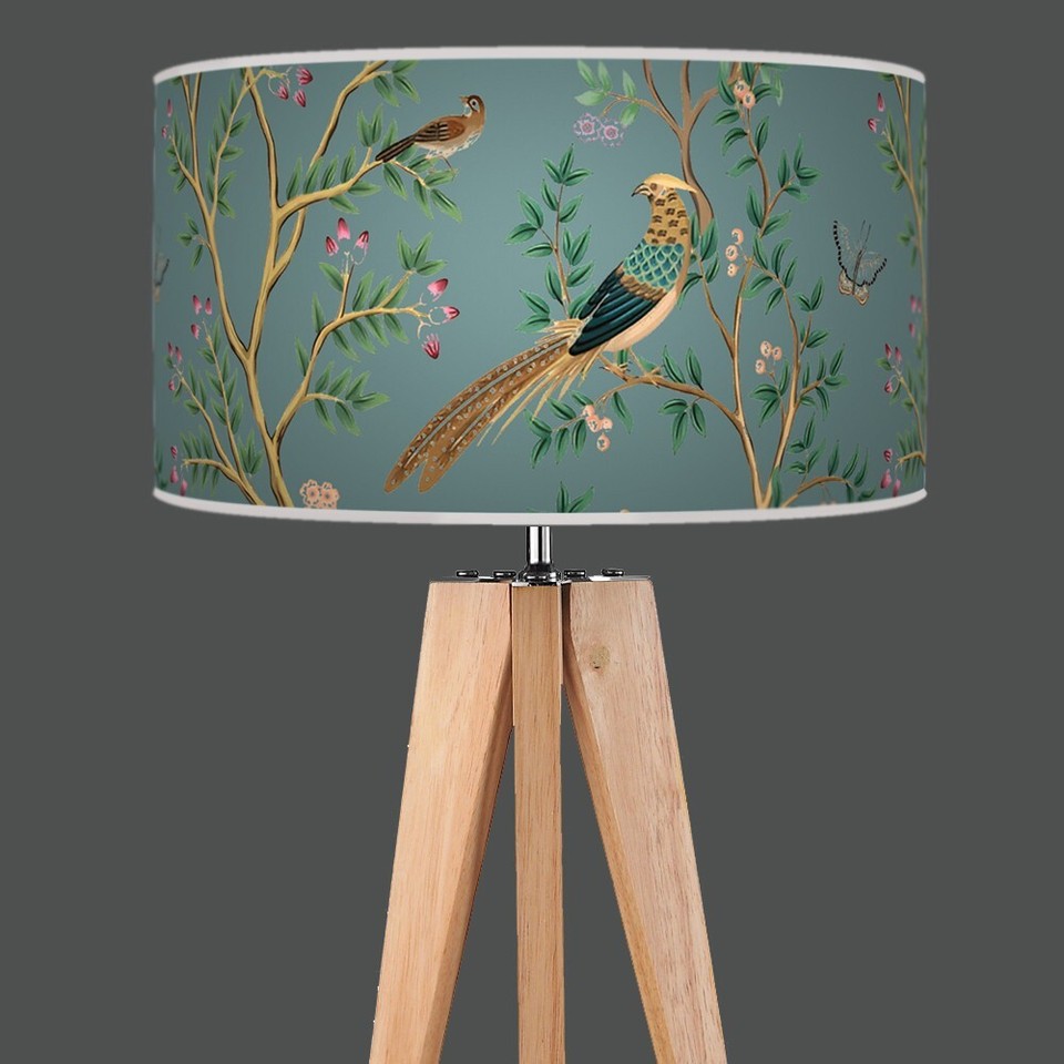 Pheasant Birds on Tree Blue Lampshade Pendant Handmade Drum Lamp Shade ...