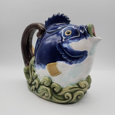 Nouveau Majolica Pottery Blue Fish Teapot CBK LTD 1991 Signed China ...