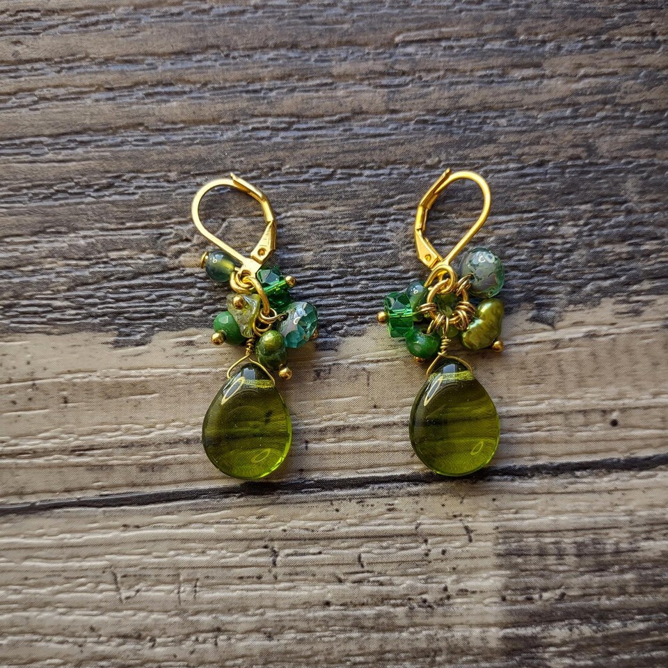 Handmade Bauble Gem / Glass / Pearl Mix Gold Tone Chandelier Earrings ...