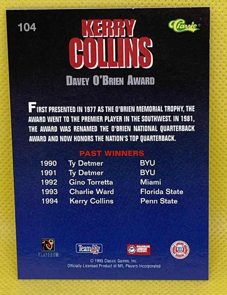 Kerry Collins 1995 Classic Draft Class #104 Award Winner Carolina ...