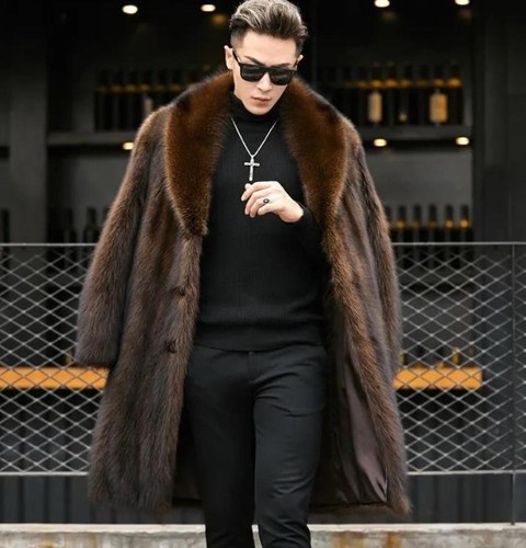 Men's Luxury Faux Fur Mid Length Big Collar Winter Warm Coat Parka ...