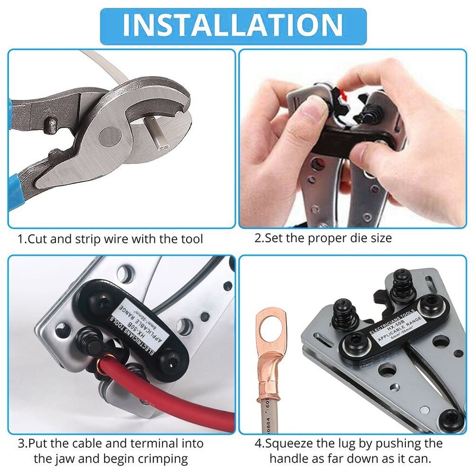Heavy Duty Battery Cable Crimping Tool Wire Lug Crimper Terminal Copper ...
