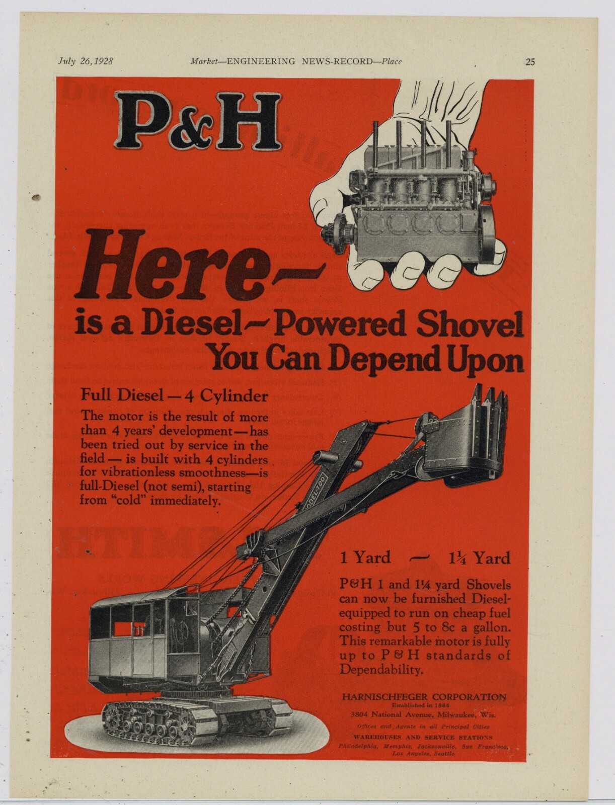 1928 Harnischfeger Co. Ad: P&H Model 700 Diesel Shovel - 1 to 1 1/4 ...