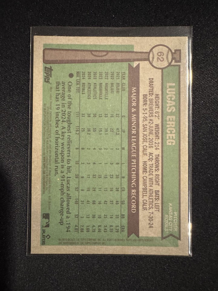 2025 Topps Heritage #62 Lucas Erceg Chrome Green Refractor /99 Royals ...