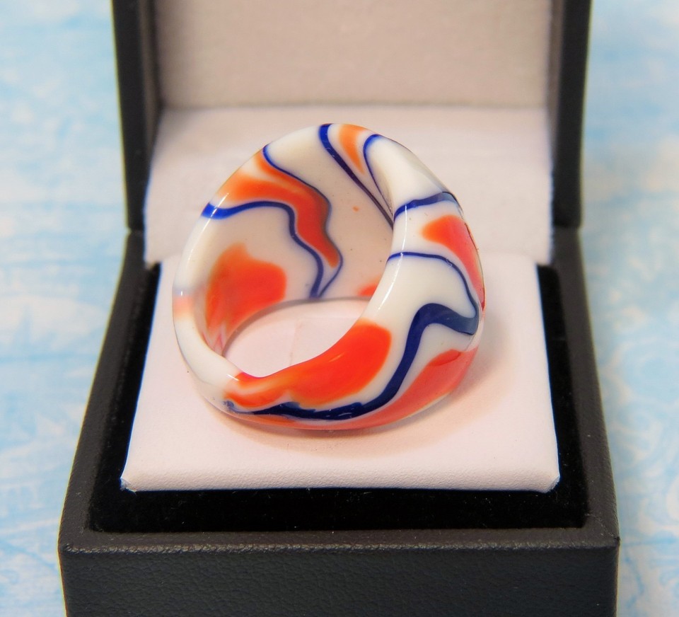Broncos Fans! Blown Glass Bling Ring White w/ Orange & Blue Swirl ...