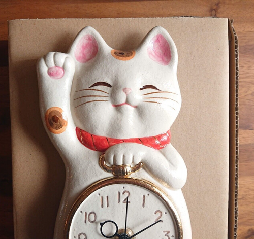 Japanese White Lucky Cat Manekineko Pendulum Wall Clock Pottery SETO ...