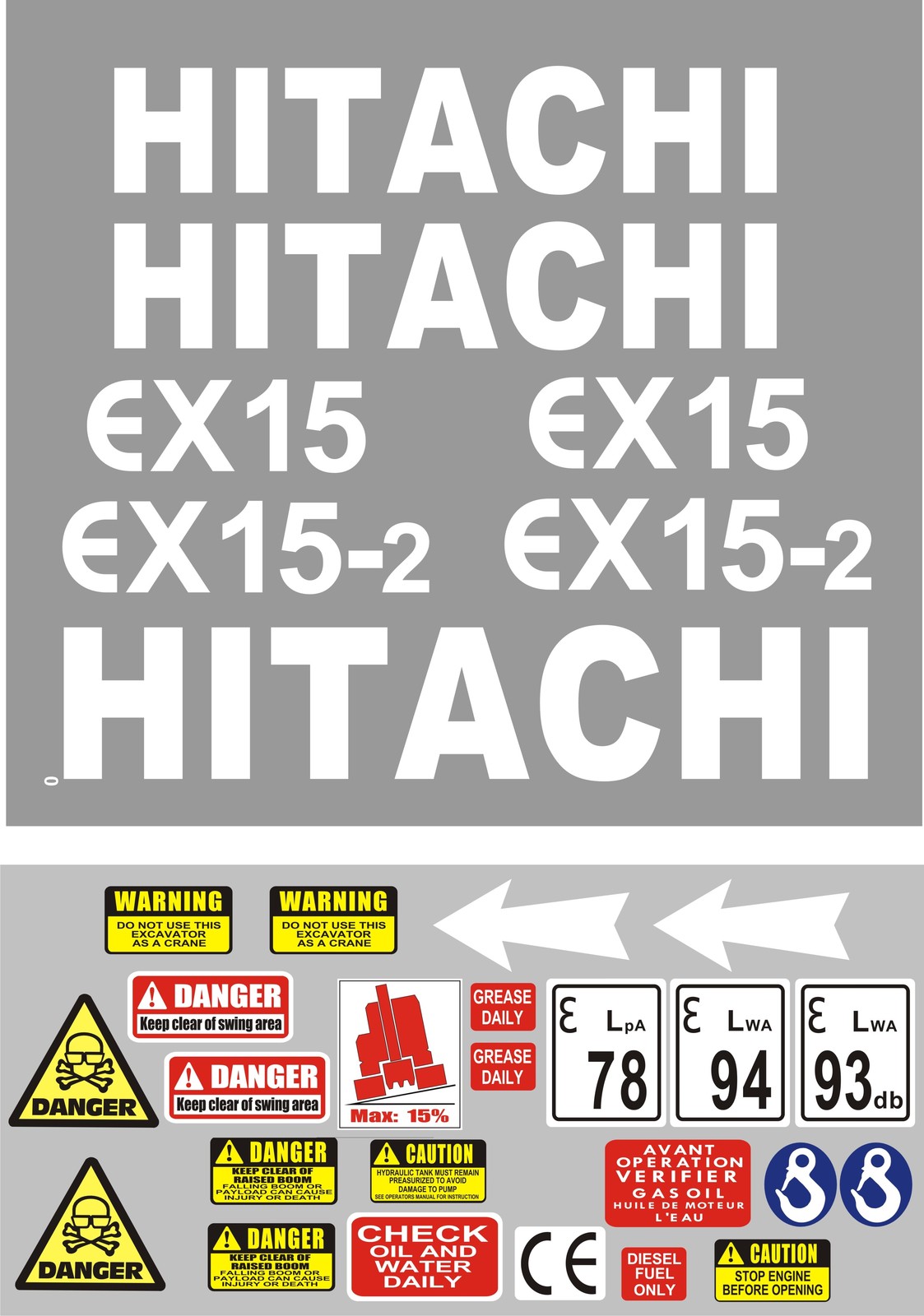 Decal Sticker set. HITACHI EX15 & EX15-2 Mini Digger Pelle Bagger ...