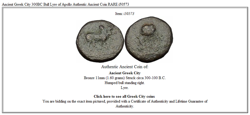 Ancient Greek City 300BC Bull Lyre of Apollo Authentic Ancient Coin ...