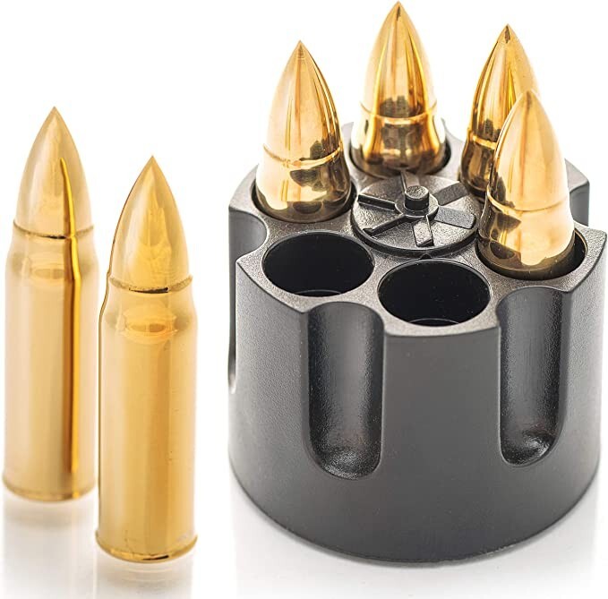 6 XL GOLD Stainless Steel Whiskey Bullets Drink Cooler in Revolver Base ...