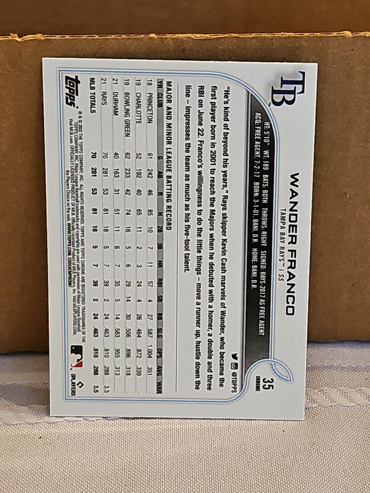 2022 Topps Chrome WANDER FRANCO Rookie Card Sepia Refractor Tampa Bay ...