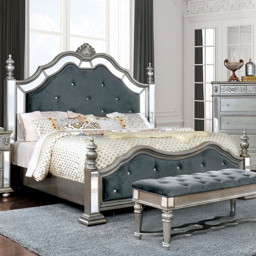 Traditional Formal Gray Silver 1pc Cal King Size bed Padded Tufted HB ...