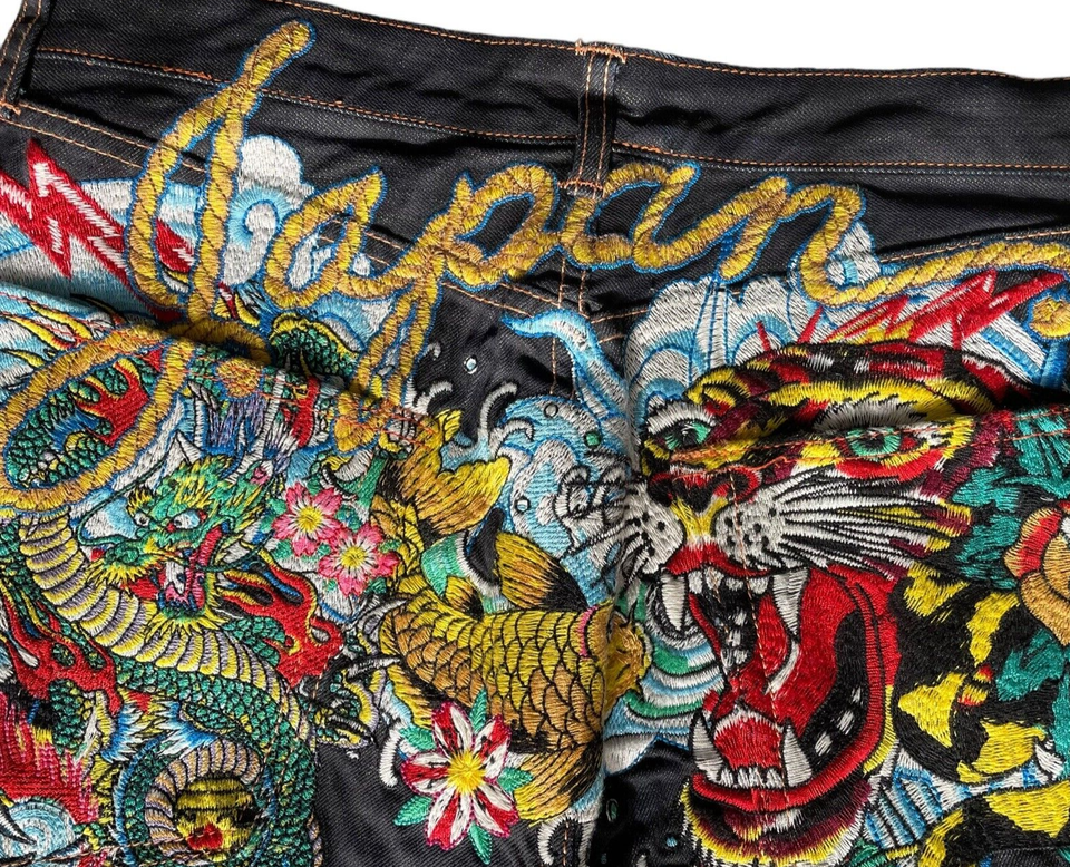 RARE Ed Hardy Dark Wash Japan Tiger Dragon Floral Tattoo Jeans Mens ...