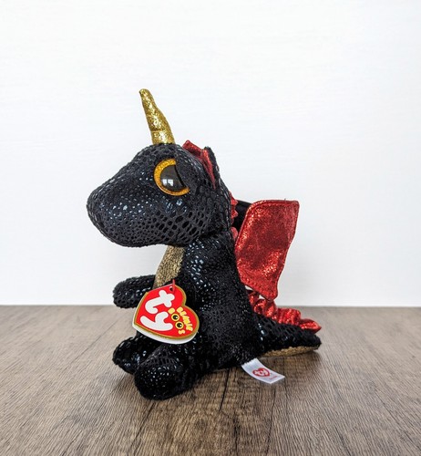 6" Grindal the ADORABLE Black & Red Sparkly Ty Beanie Boo Dragon w ...
