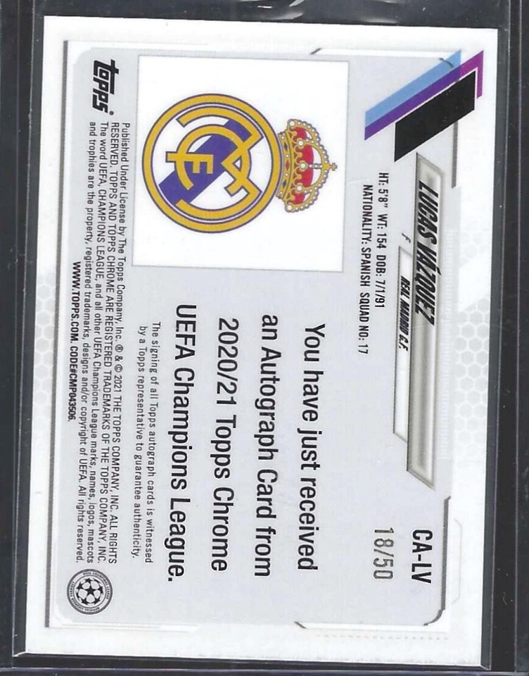LUCAS VAZQUEZ 2020-21 TOPPS CHROME UEFA GOLD REFRACTOR AUTO #D 18/50 | eBay