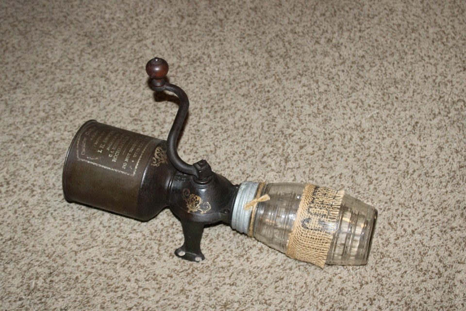 Hand Crank Wall Mount Coffee Grinder Tin Embossed Hopper L.H. DEWEY ...