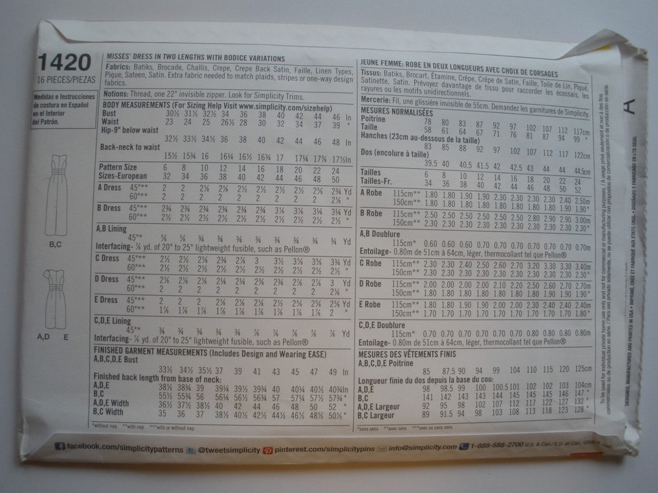 Simplicity Sewing Pattern 1420 Day & Evening Dress Bodice Variations 6 ...