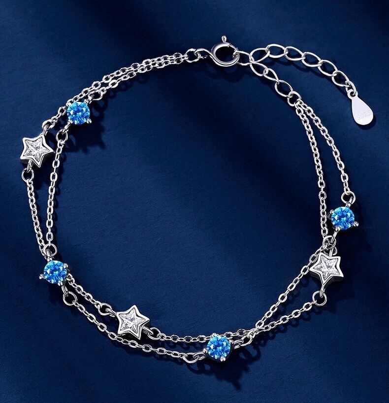 925 Sterling Silver Double Layer Star Linked Charm Bracelet Women ...