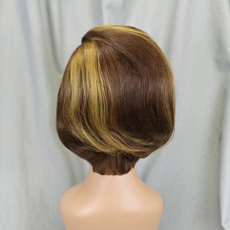 13x4inch Human Hair Highlight 4/27 Piano Color Pixie Bob Wig 8inch ...