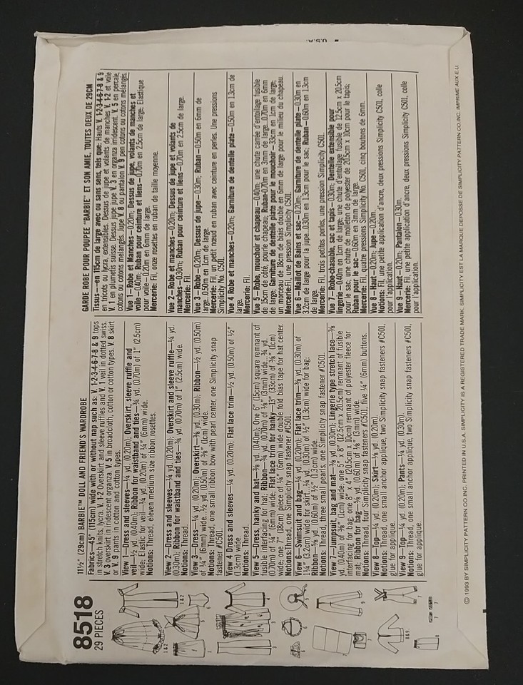 SIMPLICITY 8518 11½" & 12" BARBIE™ FASHION DOLL CLOTHES SEWING PATTERN ...