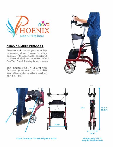 NOVA Phoenix Rise UP Rollator, Upright Walker w/Padded Forearm, Red ...