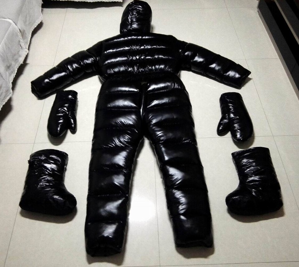 Shiny nylon ski down suit overall coat hood parka catsuit 2-6kg filling ...