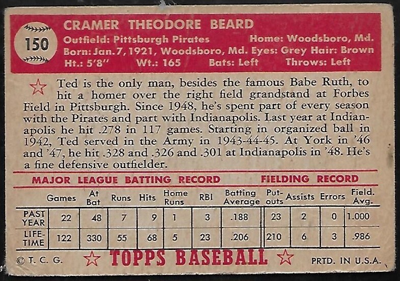 1952 Topps #150 Ted Beard Pittsburgh Pirates | eBay
