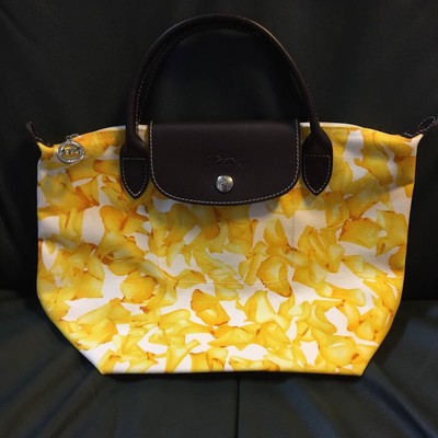 Longchamp Pliage Handbag Floral Pattern Flower Petal Yellow Fabric ...