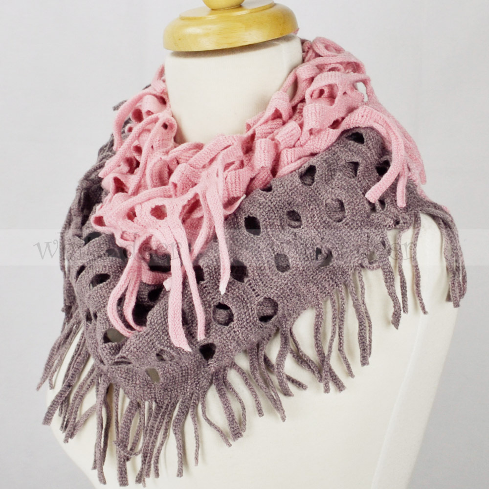 Two Tone Color Knit Infinity Winter Scarf Elastic Warm Hollow Out ...
