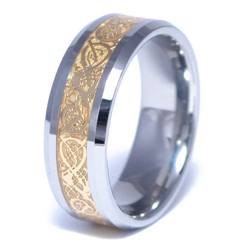 Men's 8MM Size 10 Tungsten Alloy Golden Celtic Inlay Pattern Ring | eBay