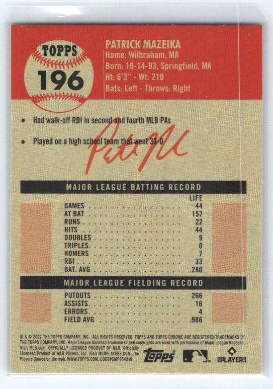 2022 Topps Chrome Platinum Patrick Mazeika #196 RC Rookie New York Mets ...