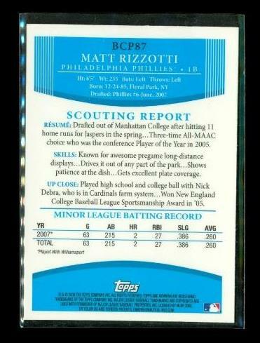 2008 TOPPS 1ST BOWMAN CHROME Baseball Card BCP87 MATT RIZZOTTI Phillies ...