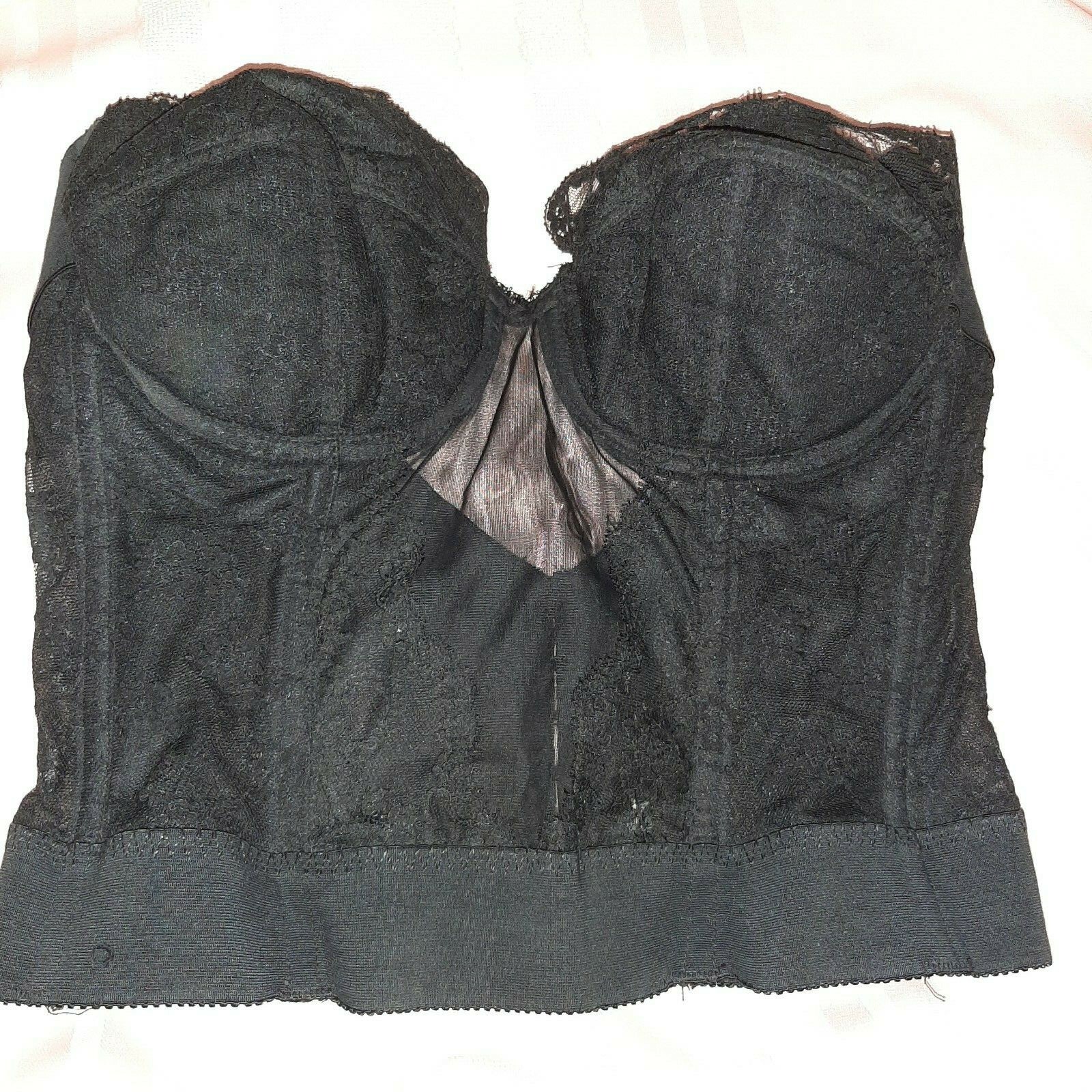 Vintage Bra 38 C, Long Line, Strapless Black Lace, Bu… - Gem