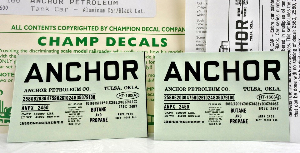 CHAMP HO SCALE HT-160 ANCHOR PETROLEUM TANK CAR DECAL | eBay