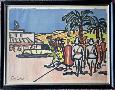 ERIK LARSEN 1902-1965 SÜDLICHE SZENE ARABER SOLDATEN KAMEL PALMEN WÜSTE ...