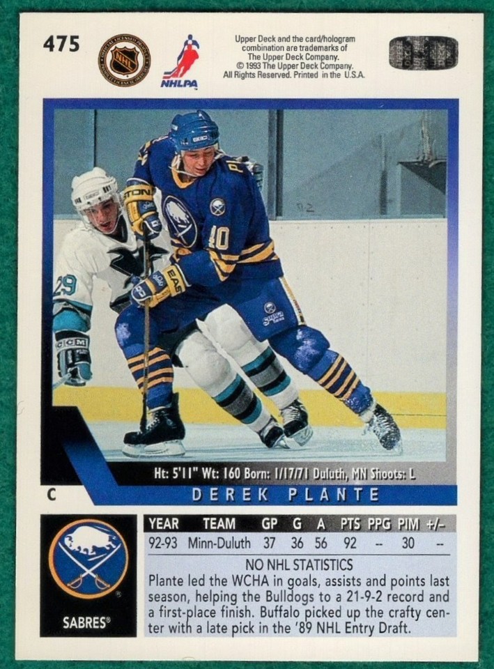 Derek Plante - 1993-94 Upper Deck #475 - Buffalo Sabres Hockey Card | eBay