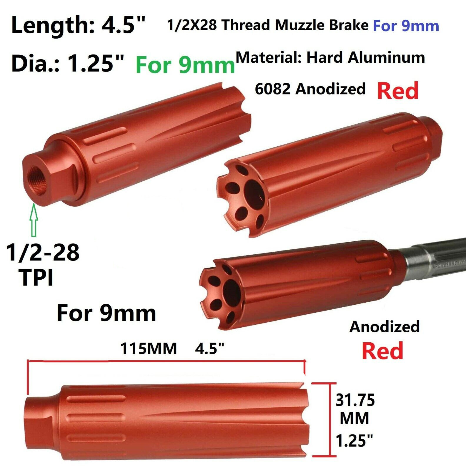 Red Color Extra Long Muzzle Brake 1/2''x28 TPI ,5/8''x24 TPI Thread | eBay