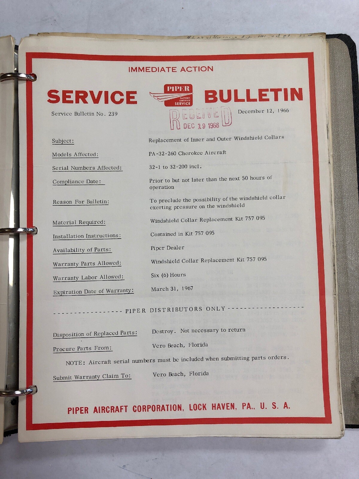 Piper Aircraft Corp. Service Bulletins & Service Letters- Originals ...