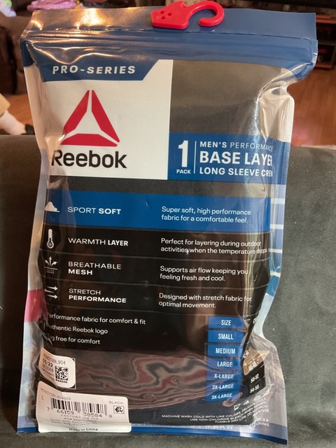 Reebok Men's Base Layer Long Sleeve CREW Pro-Series Black Mesh Size ...