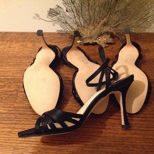 NWOB - $725 MANOLO BLAHNIK IRIZA Black Satin Strappy Stilettos Heels ...