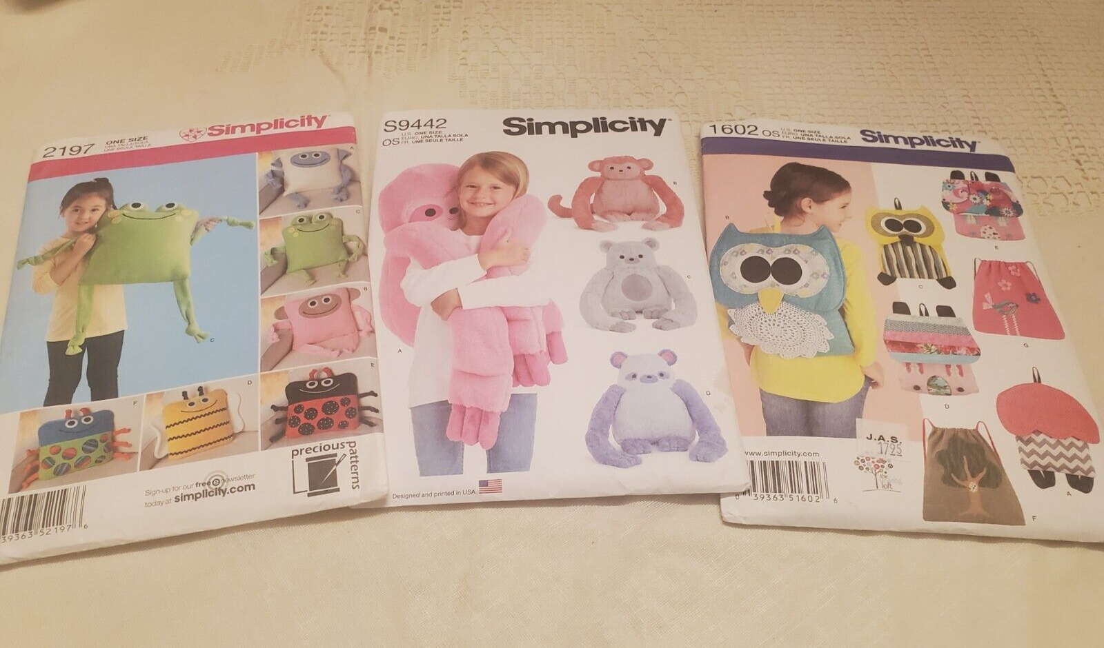 Lot of 3 Stuffed Animal Pillow, Toy, Backpacks, Simplicity 2197. 1602 ...
