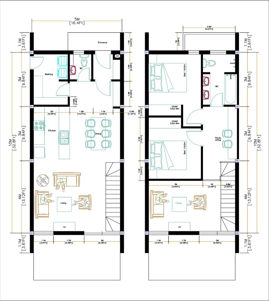 16x33 Feet House Plan 5x10 Meter 2 Beds 2 Baths Gable Roof PDF (A4 Hard ...