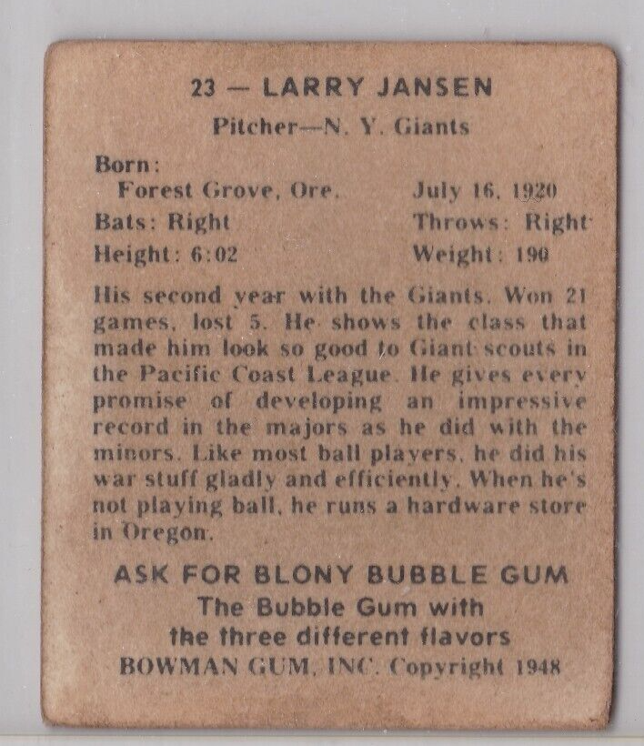 1948 Bowman Baseball Larry Jensen #23 VG New York Giants Pitcher | eBay