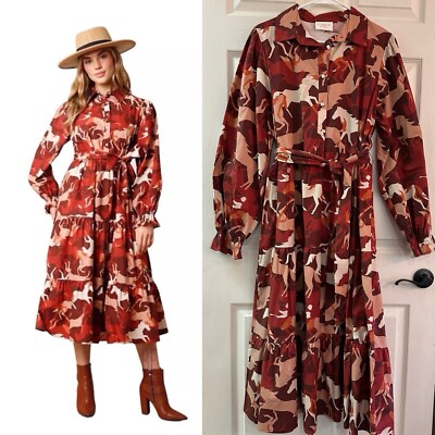 Fantastic Fawn Womens Sz M Horse Print Dress Poplin Midi Tiered ...