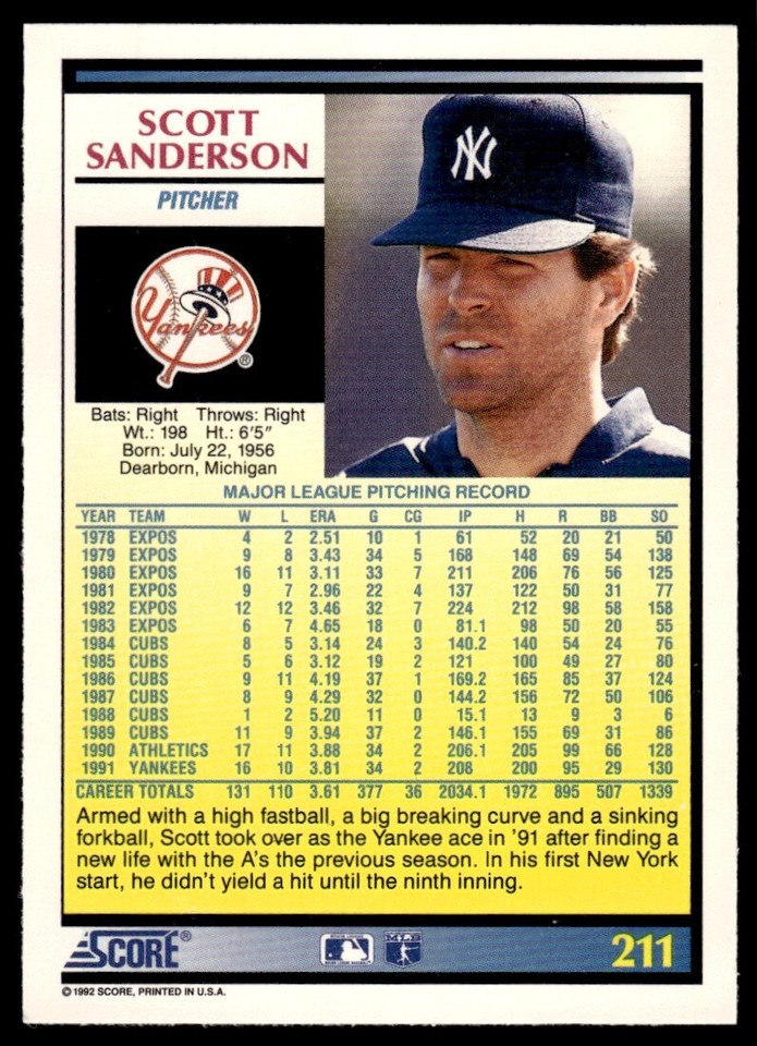 1992 Score Baseball Card Scott Sanderson New York Yankees #211 | eBay