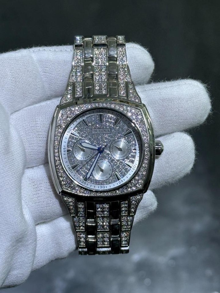 BULOVA Men's Iced Out Crystal Collection Phantom Silver Dial 40mm Watch ...